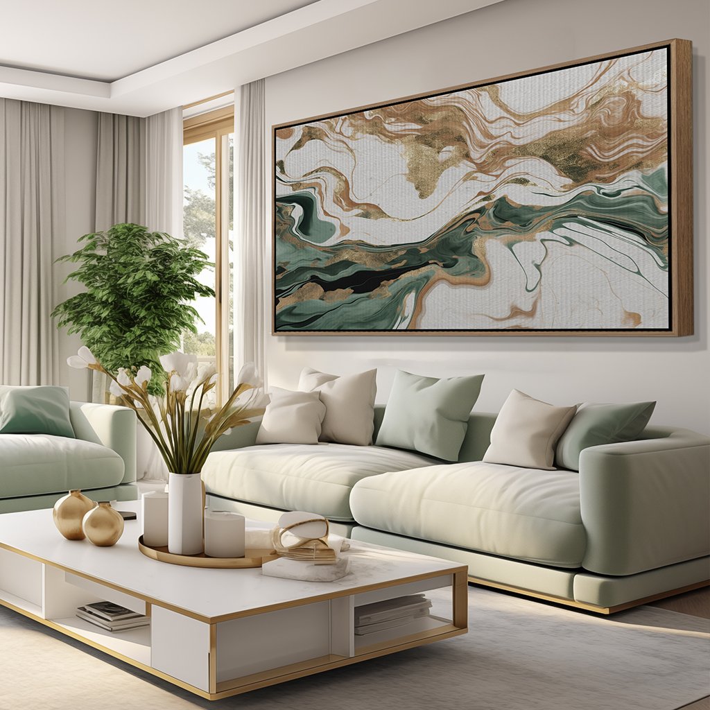 Quadro Abstrato Fluida Verde e Dourado com Movimento de Mármore